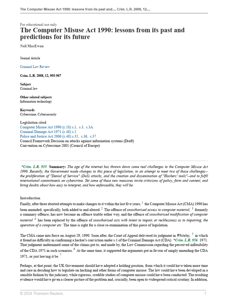 The Computer Misuse Act 1990 Lessons From Its Past and Predictions For ...