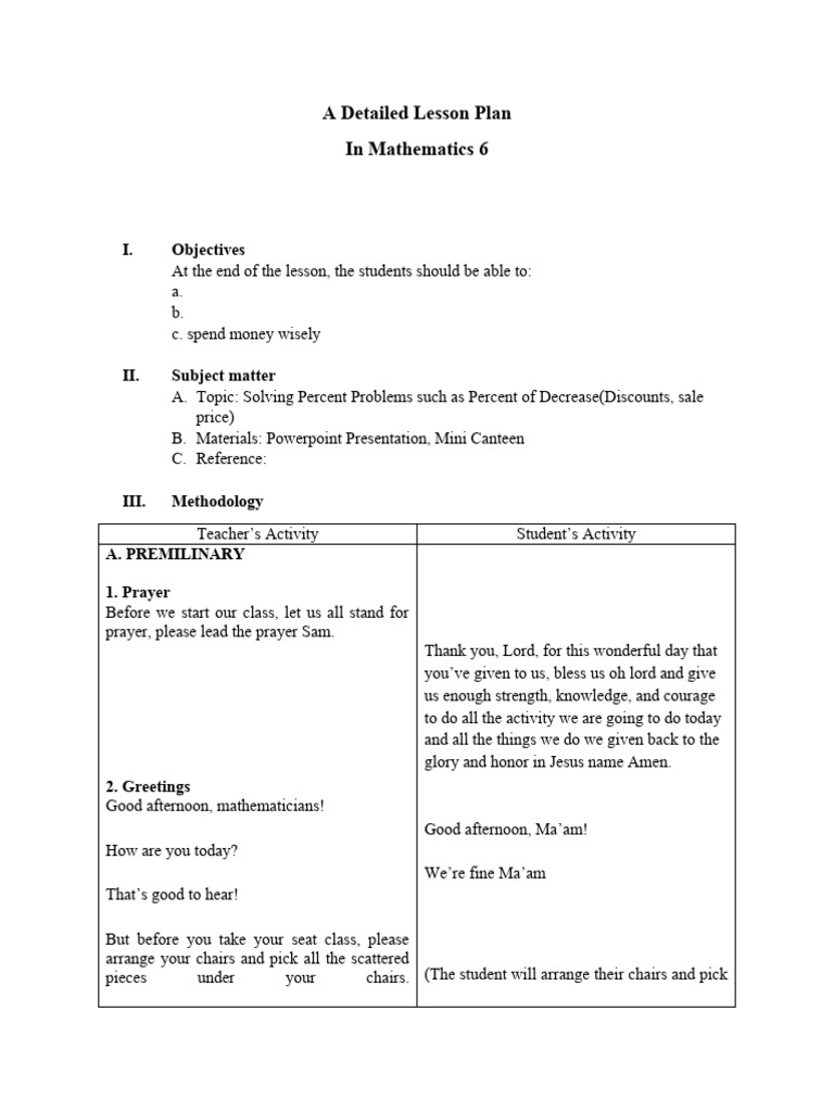 A Detailed Lesson Plan in Math Premilinary Acts 1 | PDF