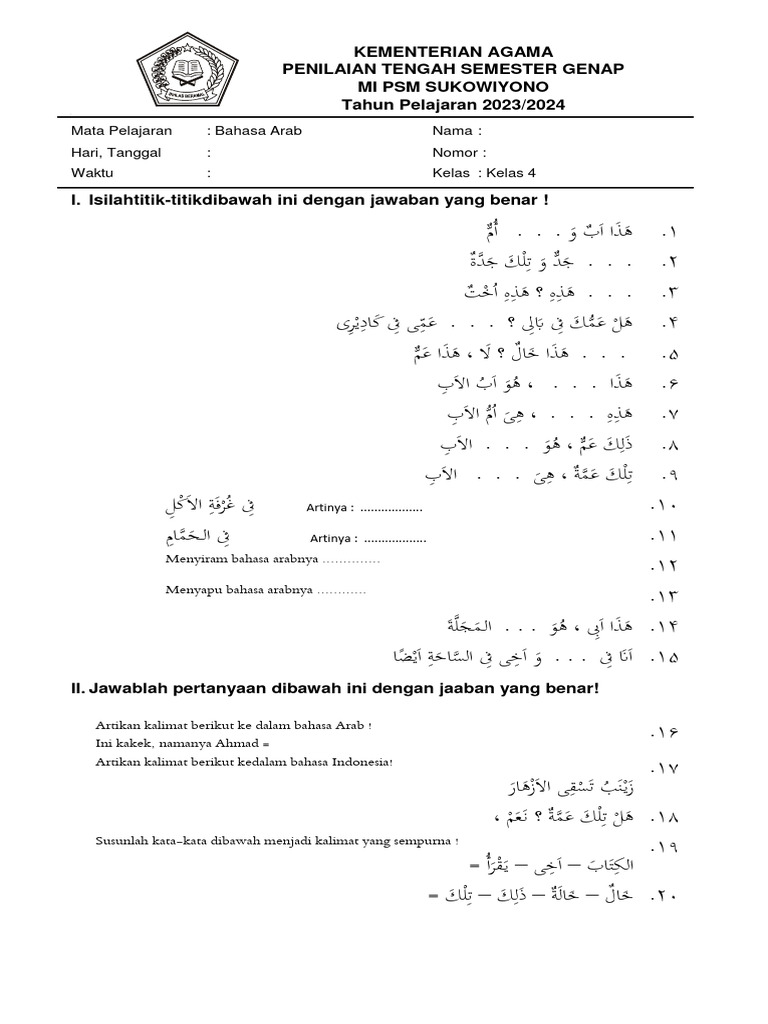 Soal PTS Bahasa Arab SMT 2 Kelas 4,5 TP 2023, 2024 | PDF
