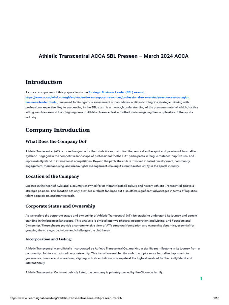 Athletic Transcentral ACCA SBL Preseen - March 2024 ACCA | PDF ...