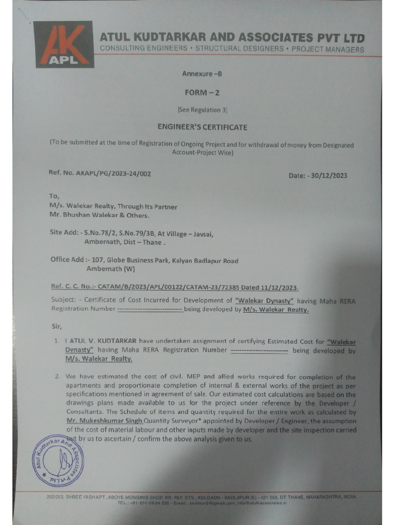 1 Engineer’s Certificate on Cost Incurred on Project (Form 2) | PDF