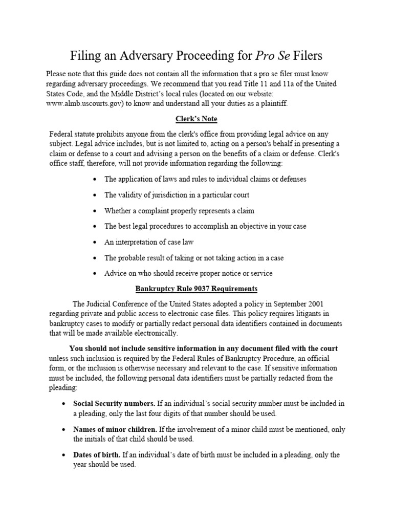 Filing An Adversary Proceeding Pro Se | PDF | Complaint | Pro Se Legal ...