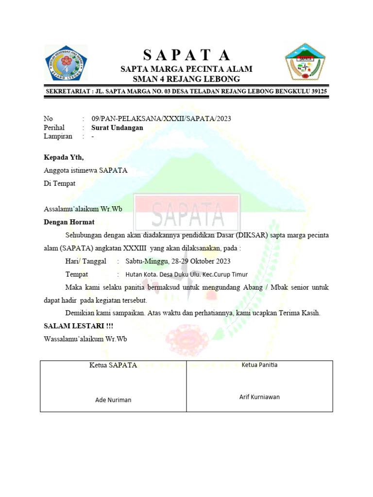 Undangan DIKSAR SAPATA 2023 | PDF