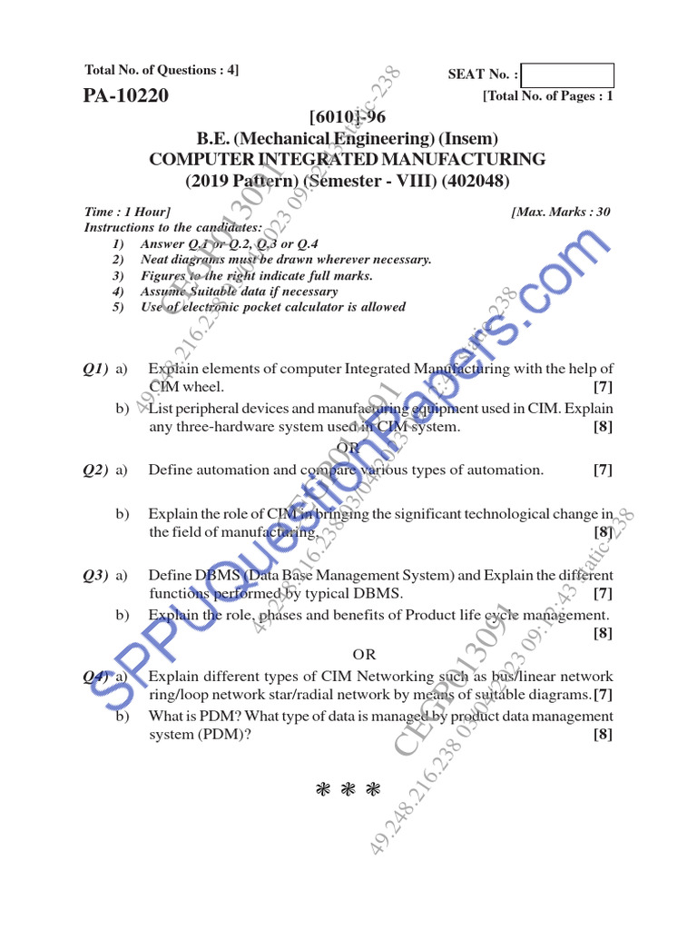 Be Mechanical Engineering Semester 8 2023 February Computer Integrated Manufacturing Cim 2019 ...