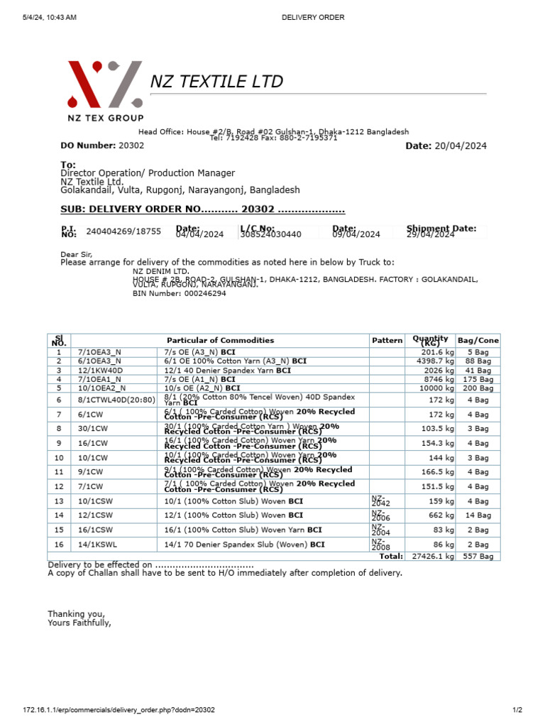 NZ Textile LTD: SUB: DELIVERY ORDER NO........... 20302 ...