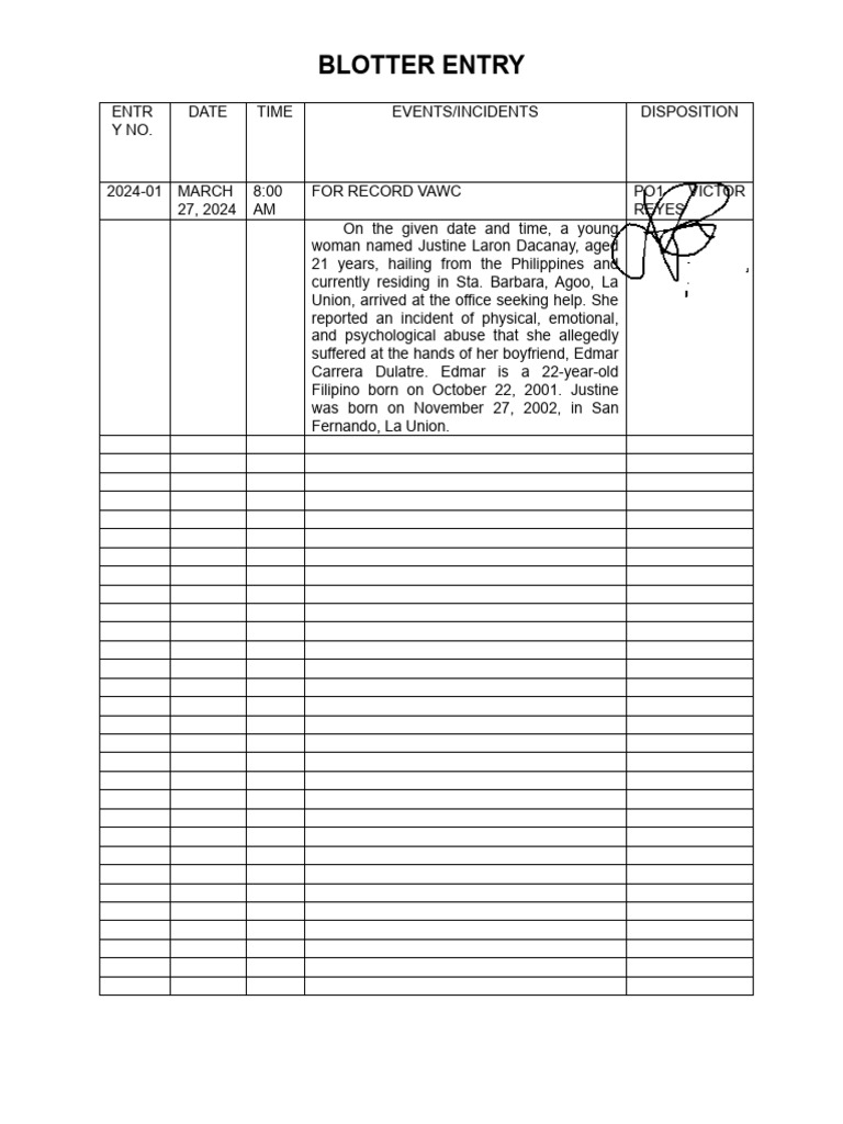 VAWC Incident Blotter Entry Sample | PDF