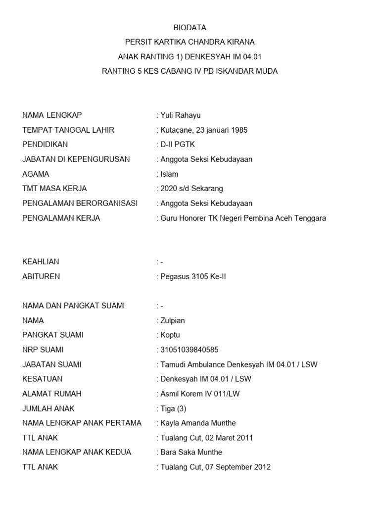 Biodata Ranting 5 Kes Yuli Rahayu | PDF | Ilmu Sosial
