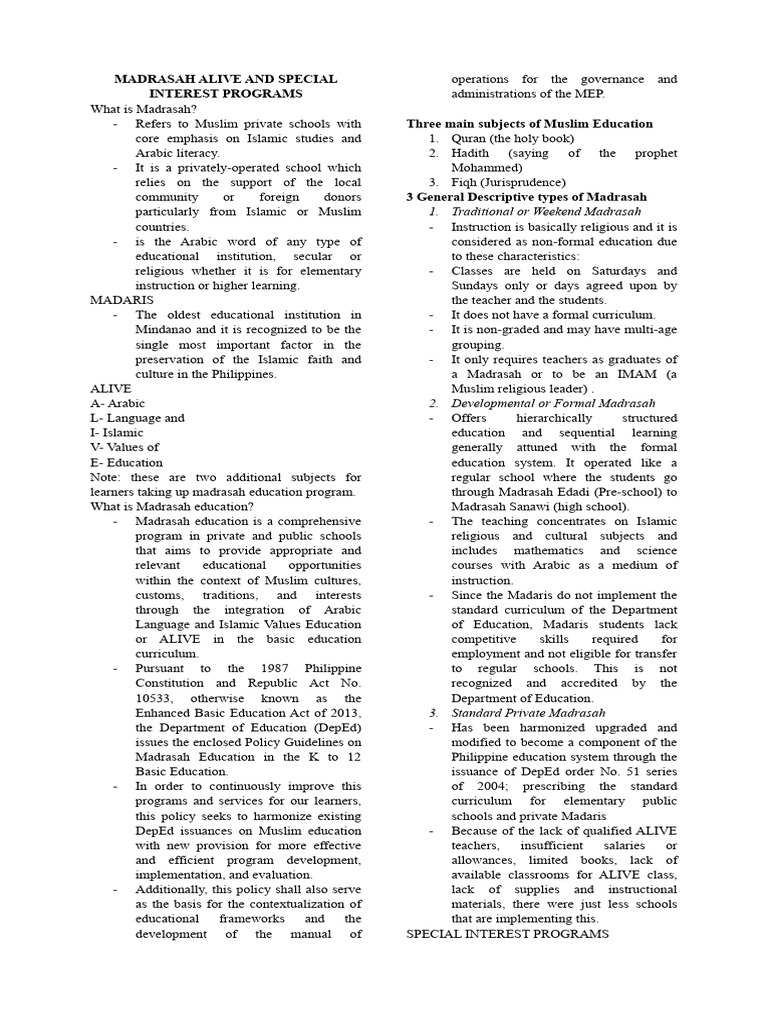 Madrasah Alive and Special Interest Programs | PDF | Schools | Curriculum