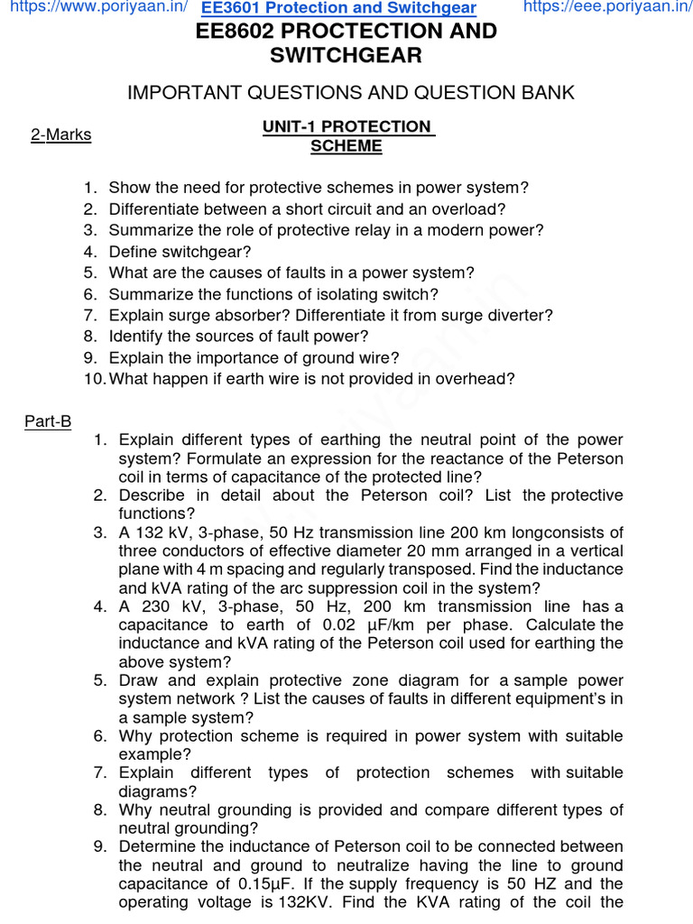 EE3601 Protection and Switchgear Reg 2021 (Important Questions) | PDF | Transformer | Relay
