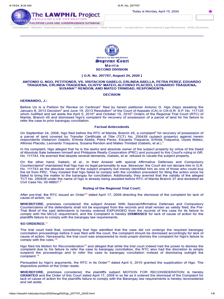 G.R. No. 207707 - No Brgy Conciliation | PDF | Complaint | Lawsuit