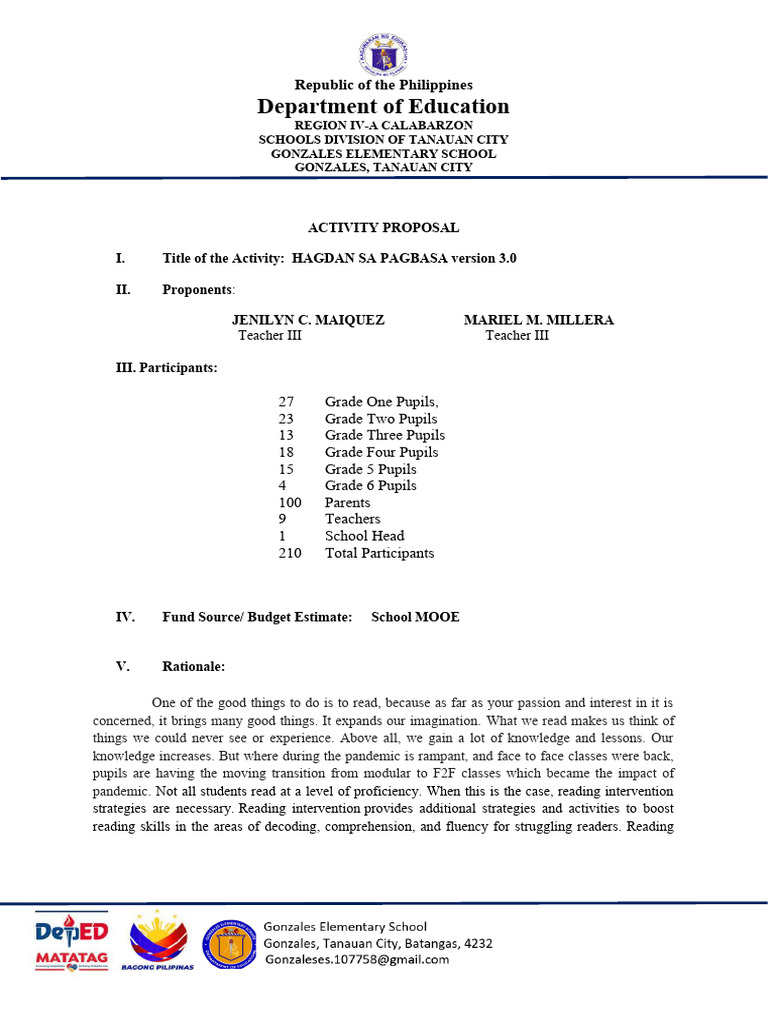 3.0 Activity Proposal Hagdan Sa Pagbasa | PDF | Reading Comprehension ...