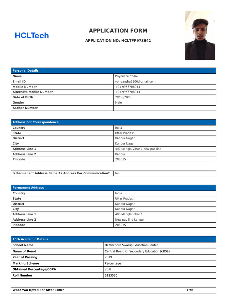 Application Form HCLTFP973641 | PDF
