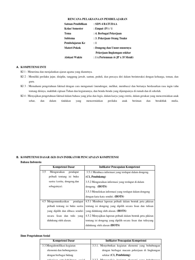RPP Kelas 4 Tema 4 Subtema 3 PB 1 - Daring Cooperative Learning | PDF | Karier & Perkembangan ...