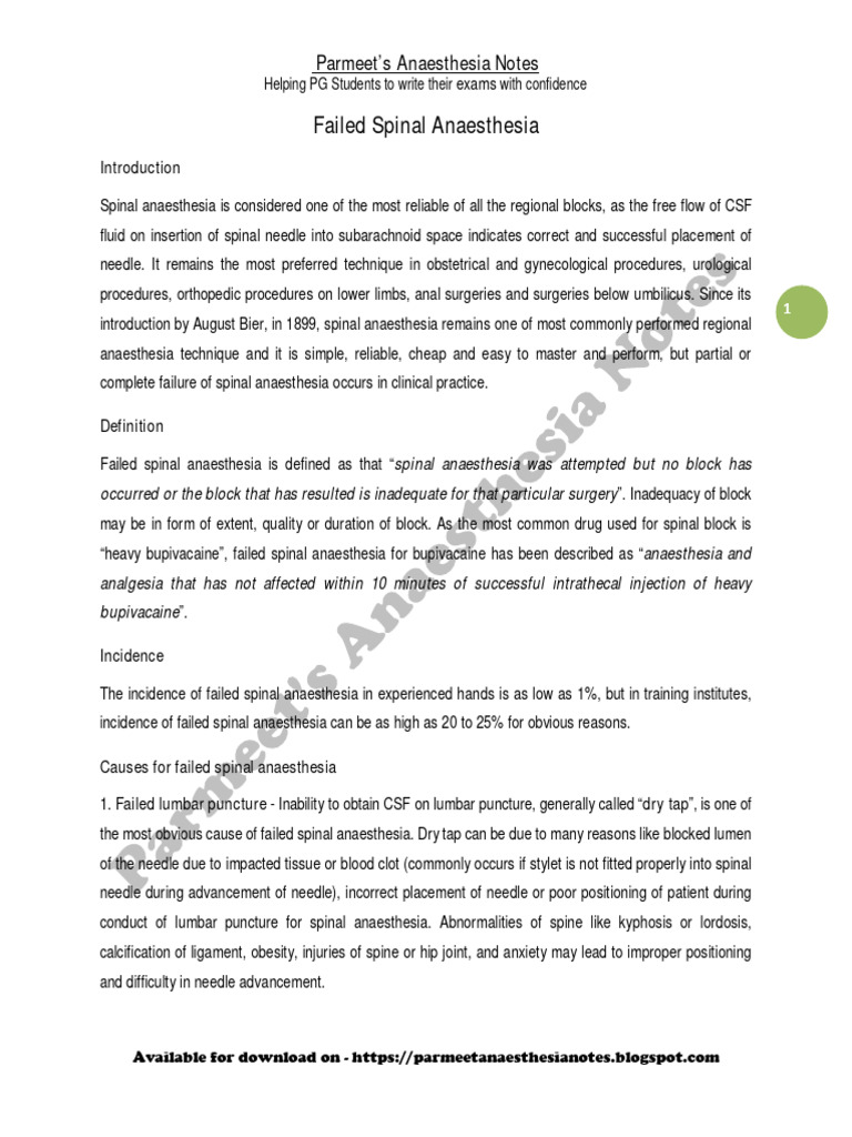 Failed Spinal Anesthesia Guide | PDF | Anesthesia | Cerebrospinal Fluid