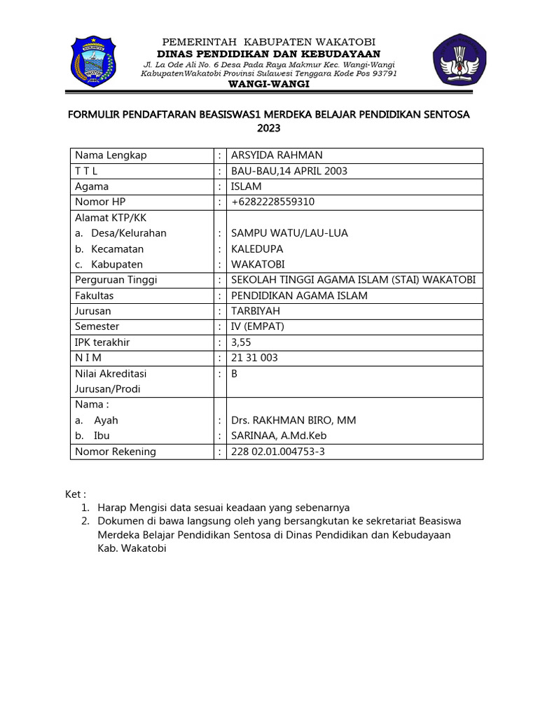 Arsyida Formulir Beasiswa | PDF