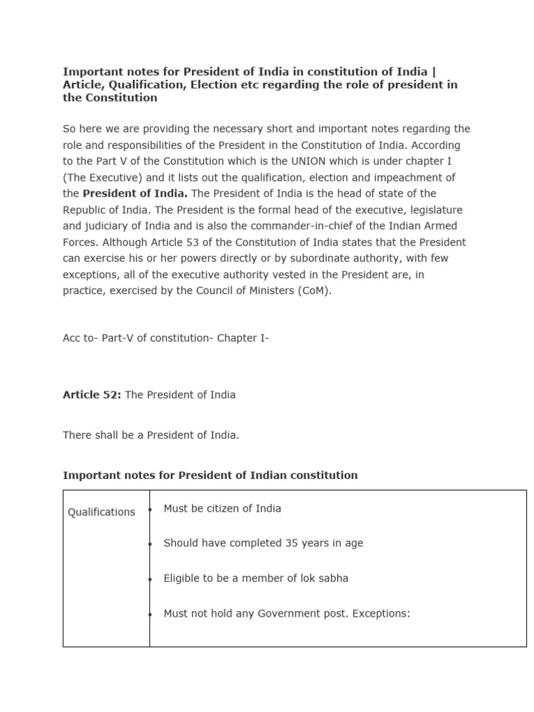 Important Notes For President of India in Constitution of India | PDF ...