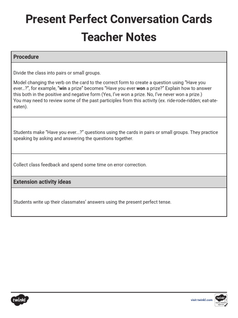 Ell Present Perfect Verbs Game Us e 626 - Ver - 1 | PDF