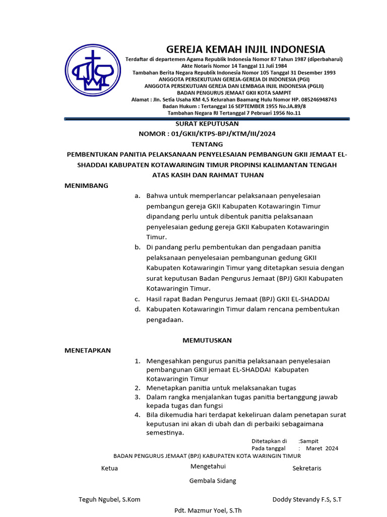 Pembentukan Panitia Pembangunan GKII | PDF