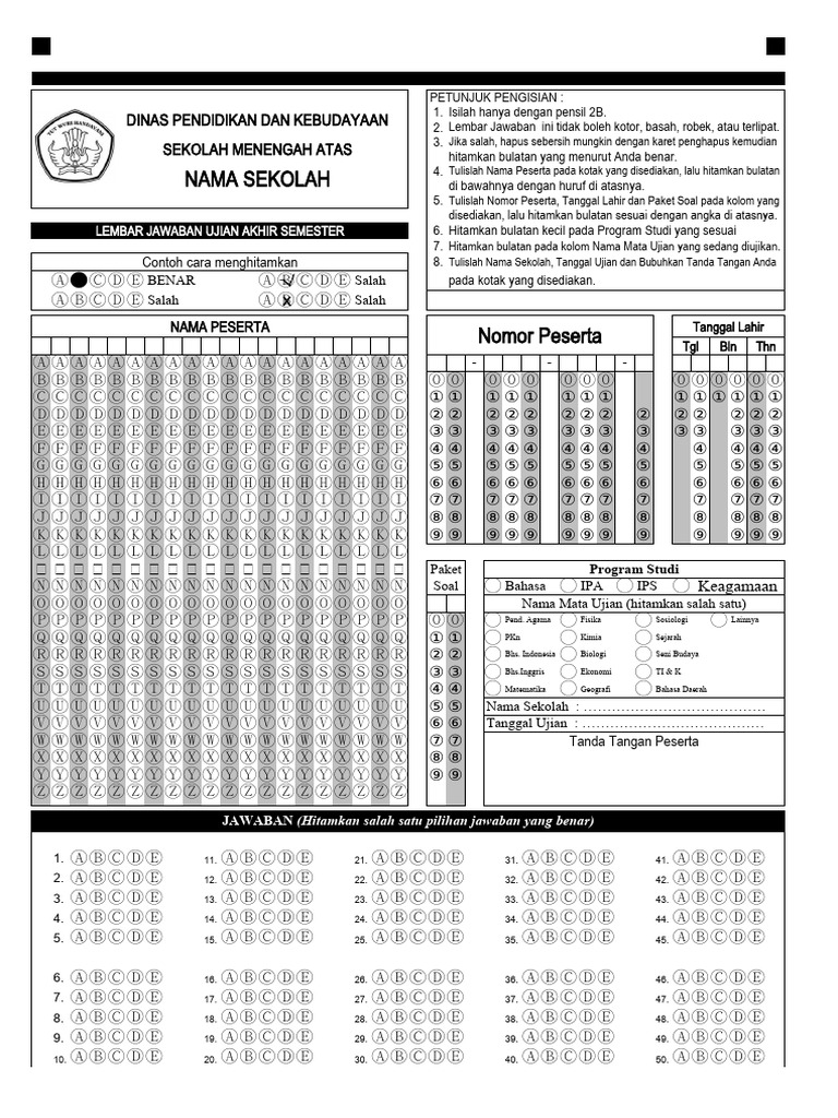 Format LJK Ujian Sekolah Menengah | PDF