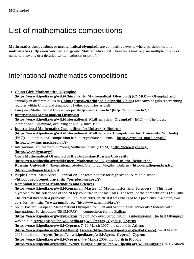 List of Mathematics Competitions - MOlympiad | PDF | Mathematics