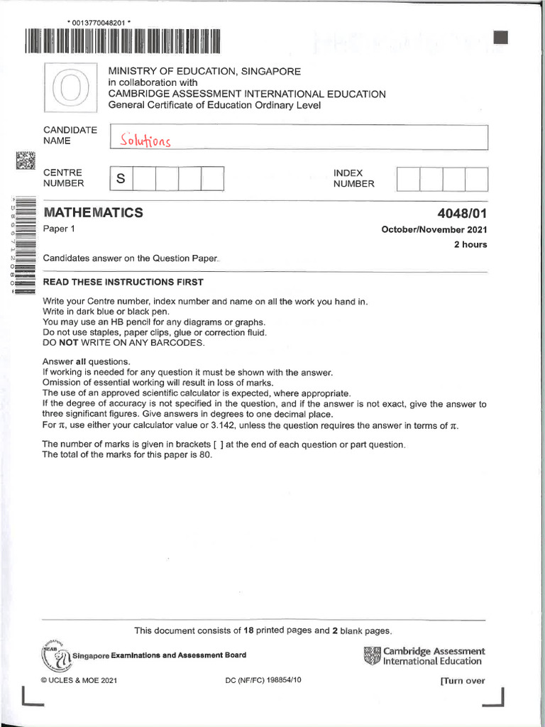 2021 O Level EM P1 Solutions | PDF