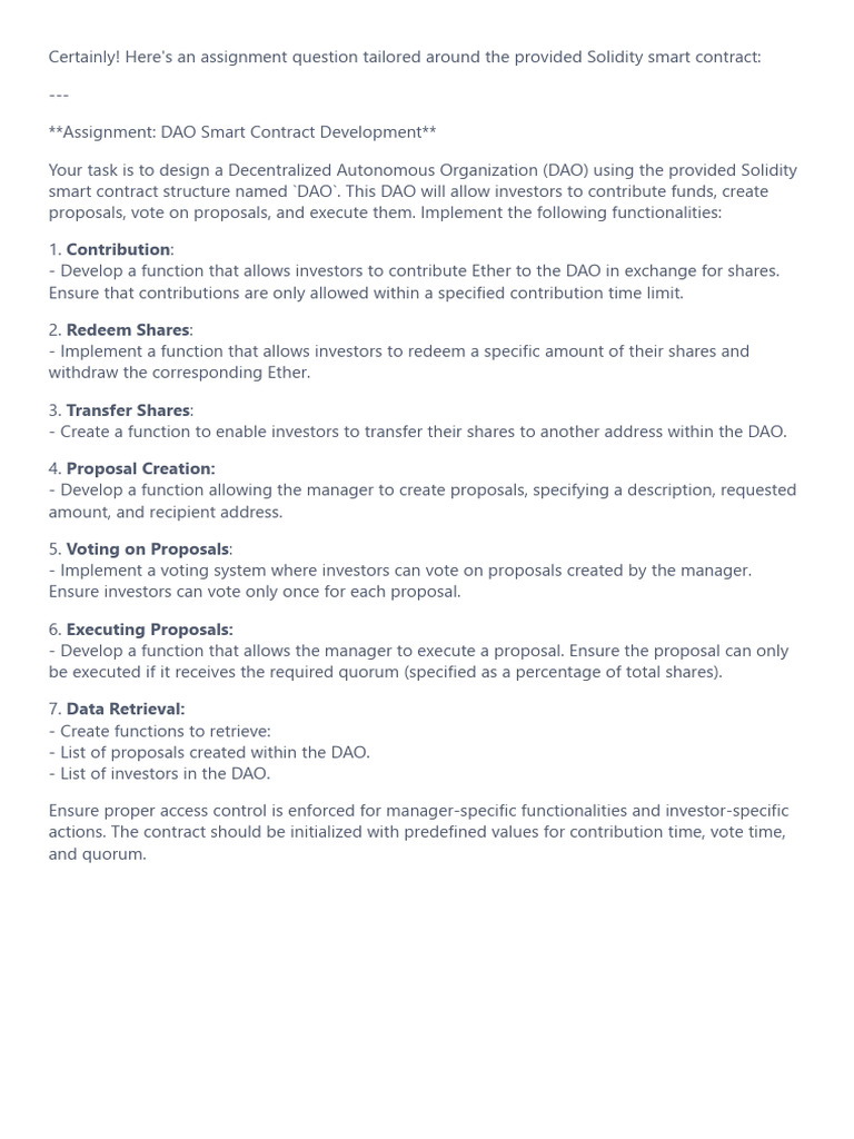DAO Smart Contract Assignment | PDF | Business | Finance & Money Management