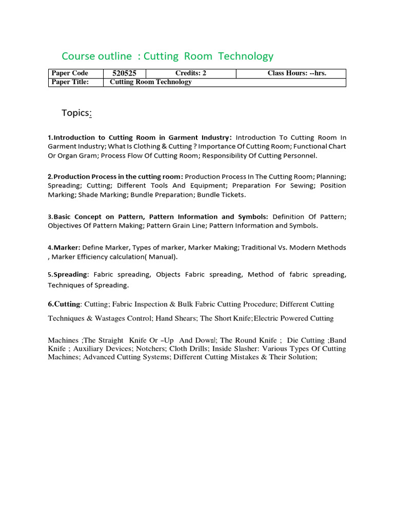 Cutting Room Technology - Outline | PDF | Textiles | Clothing
