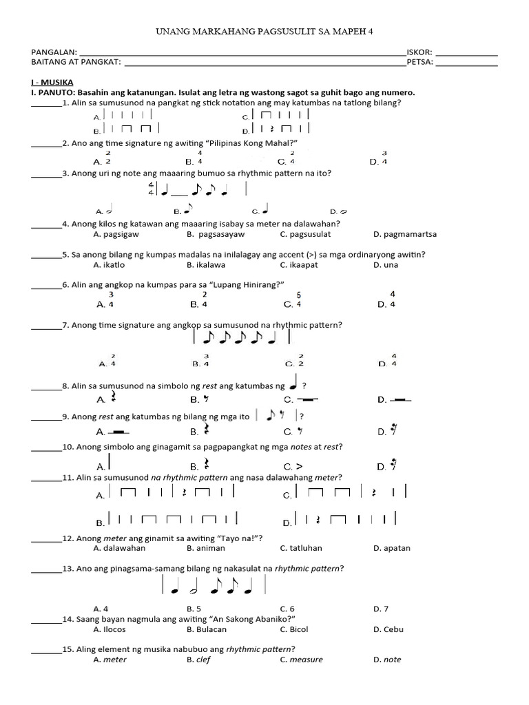 UNANG MARKAHANG PAGSUSULIT SA MAPEH 4 - 1st Grading | PDF