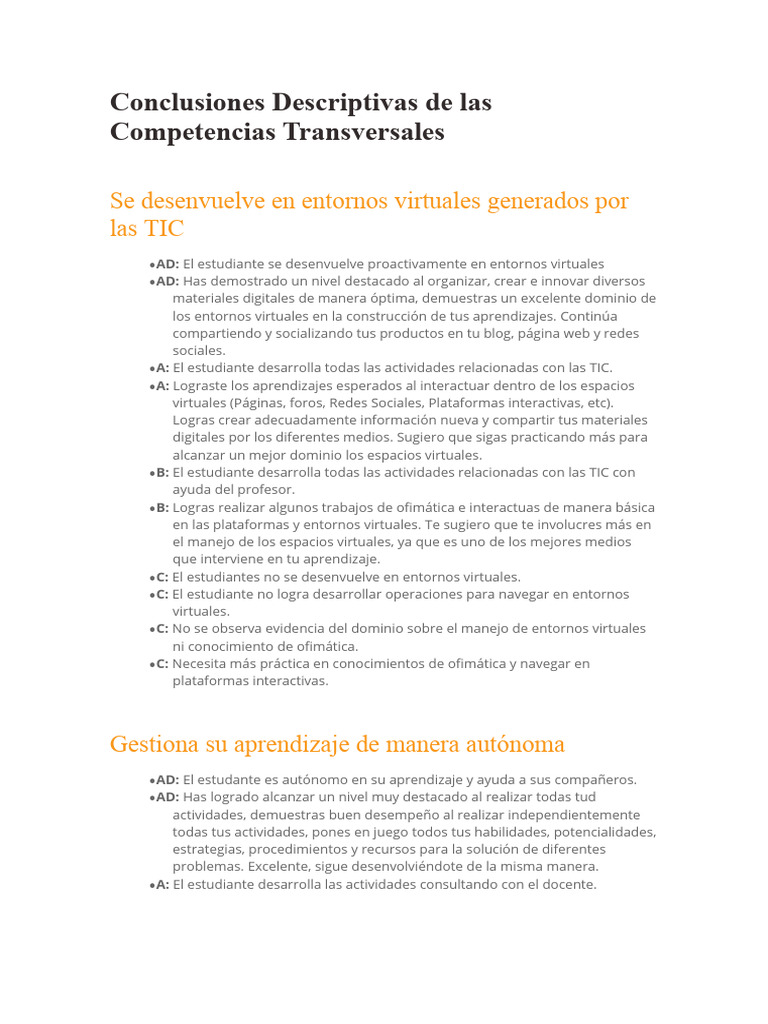 Conclusiones Descriptivas de Las Competencias Transversales | PDF | Maestros | Aprendizaje