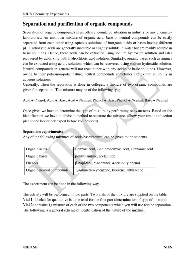 Organic Compound Separation Techniques | PDF | Acid | Solubility
