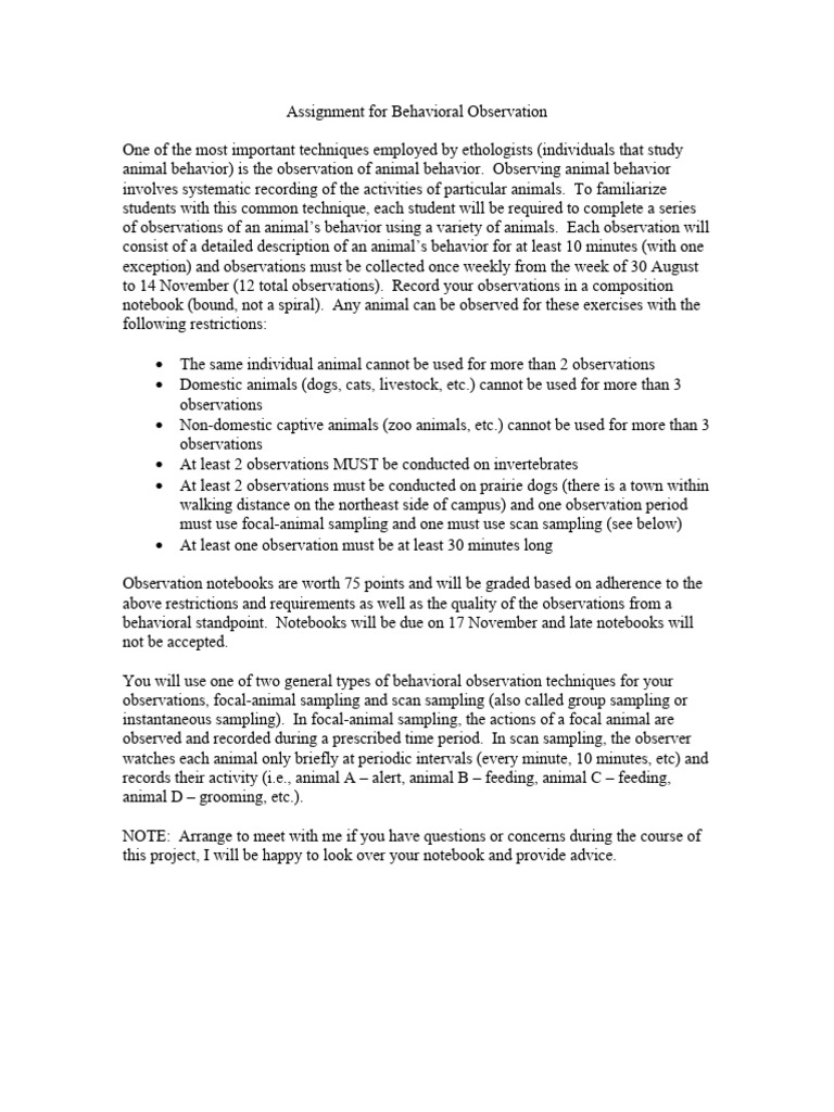 Behavioral Observation Assignment | PDF | Zoology