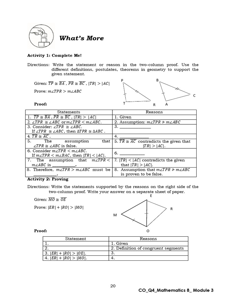 Math8 Q4 Mod3 PROVING-TRIANGLE-INEQUALITIES-ASSESSMENT | PDF | Mathematical Proof | Triangle