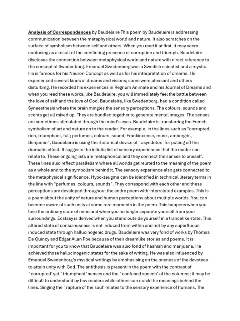 Analysis of Correspondences by Baudelaire | Download Free PDF | Experience | Perception