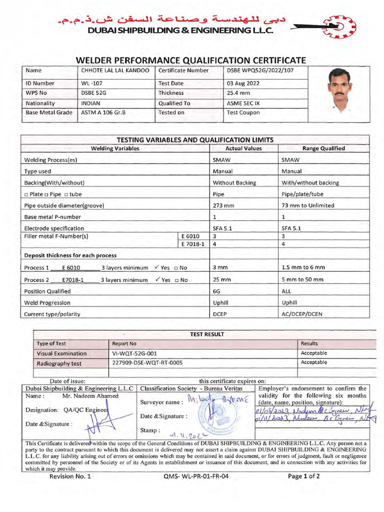 WPQ 52G - Smaw 6G Asme Sex 9 | PDF | Welding | Construction