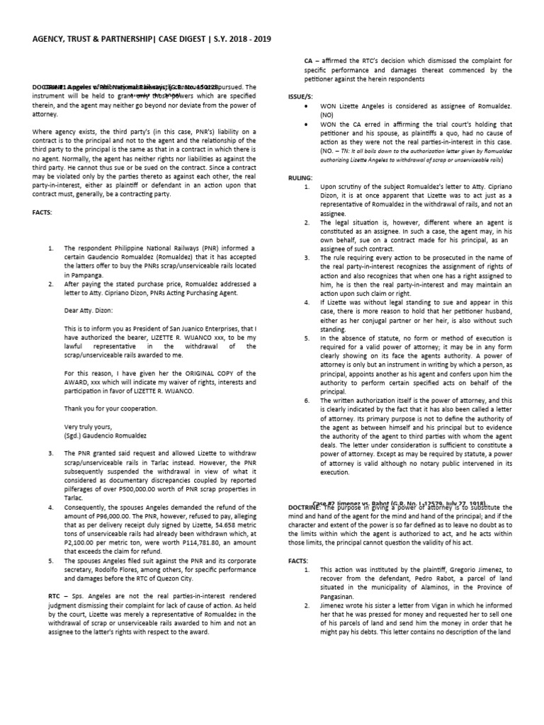 Agency and Partnership Case Digest 2018-2019 | PDF | Law Of Agency ...