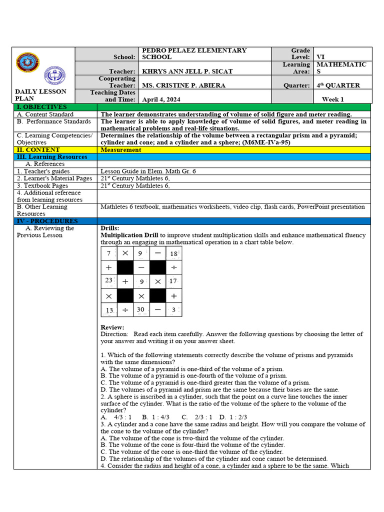 Grade 6 Math Lesson on Volume Concepts | PDF | Volume | Sphere