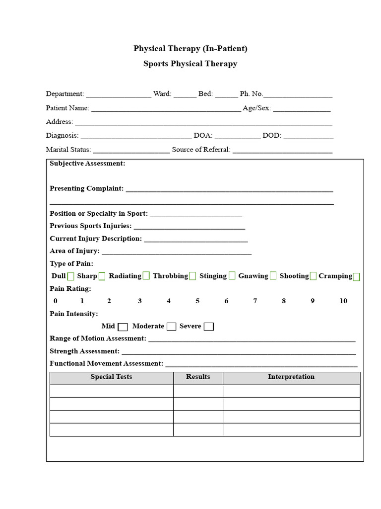 Sports Physical Therapy Assessment Form | PDF | Physical Therapy | Pain