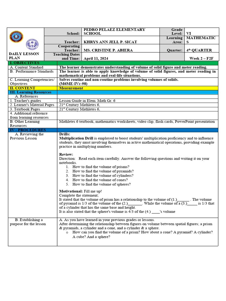 Grade 6 Math Lesson: Volume of Solids | PDF | Volume | Sphere