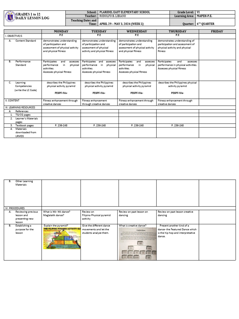 DLL_MAPEH 6_Q4_W5 | PDF | Dances | Learning