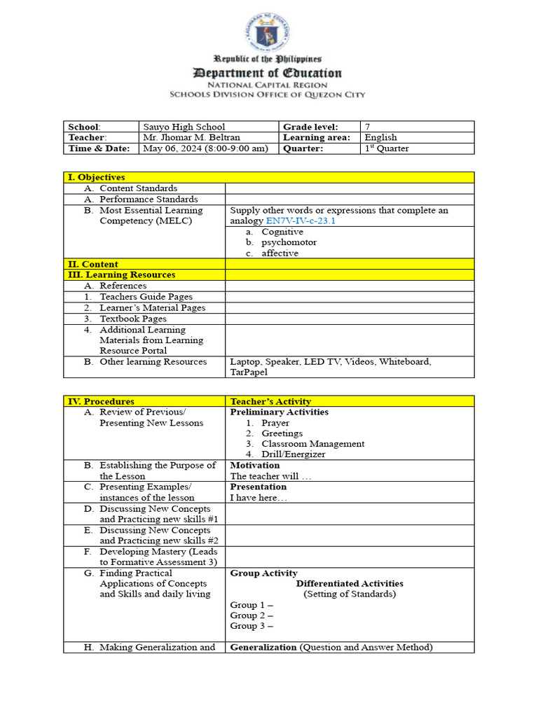 Detailed Lesson Plan English | PDF | Learning | Teachers