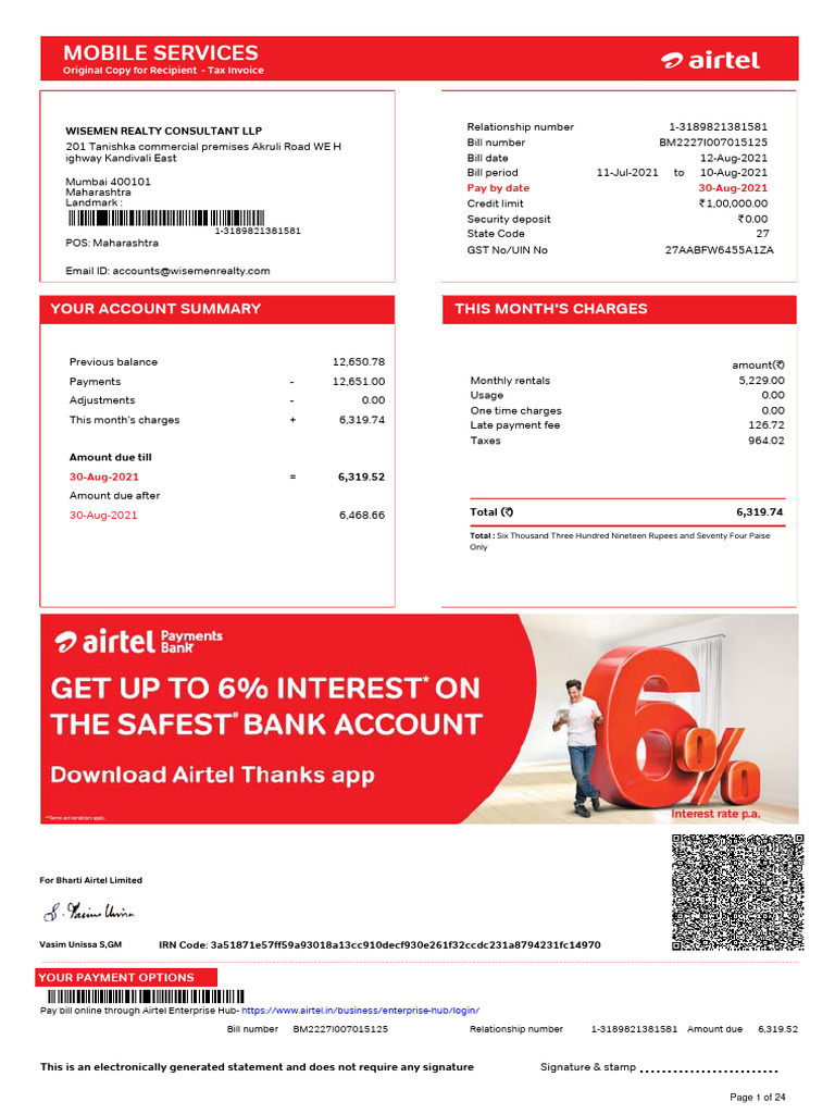 Airtel 08 | PDF | Payments | Roaming