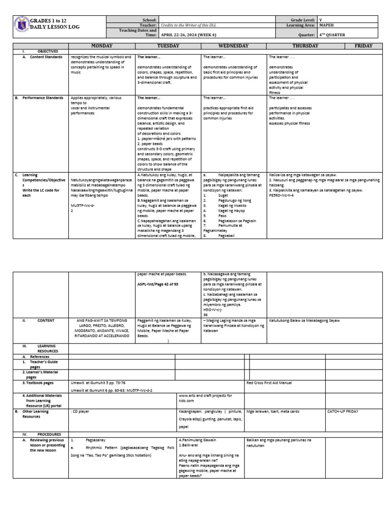 Grade 5 DLL MAPEH 5 Q4 Week 4 | PDF