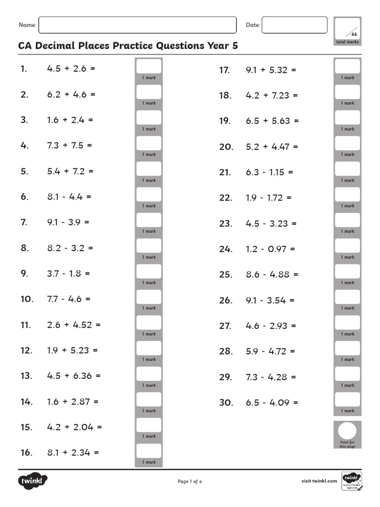Year 5 Decimal Places Practice Test | PDF | Mathematics | Arithmetic
