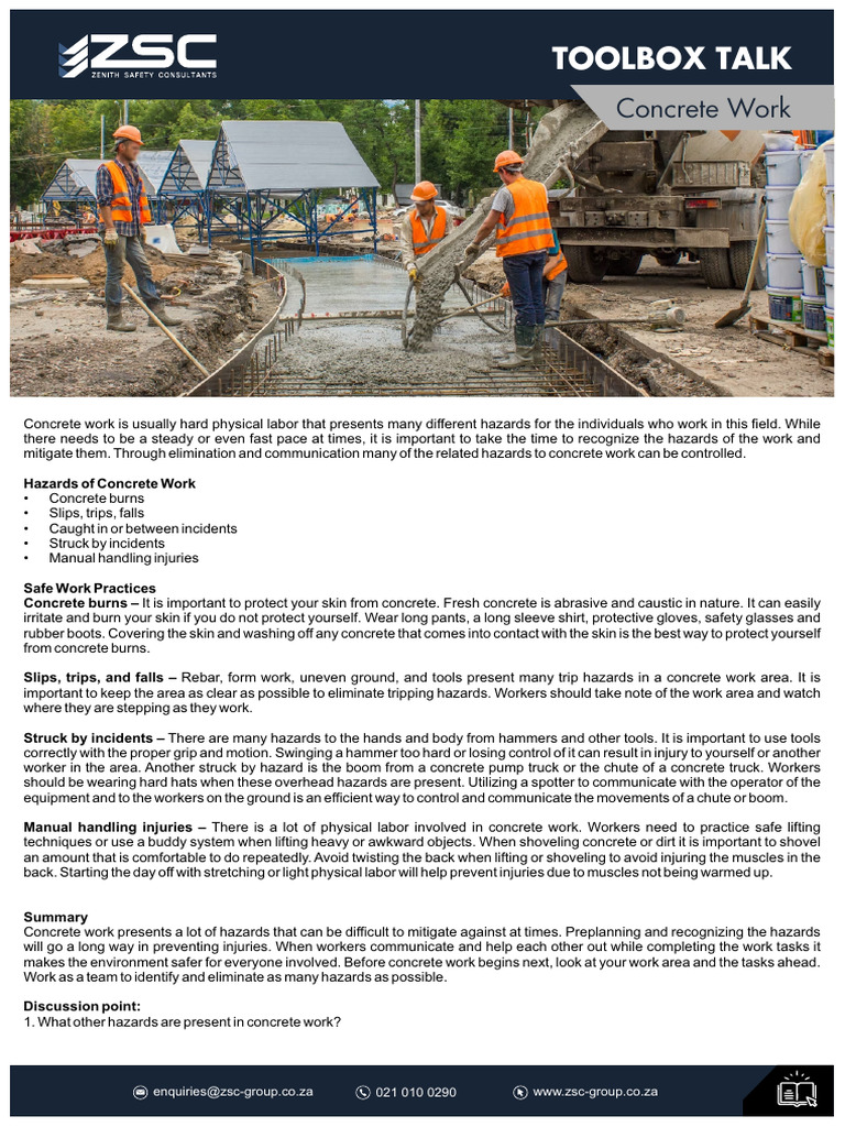 Concrete Work Zenith Safety Toolbox Talks | Download Free PDF ...