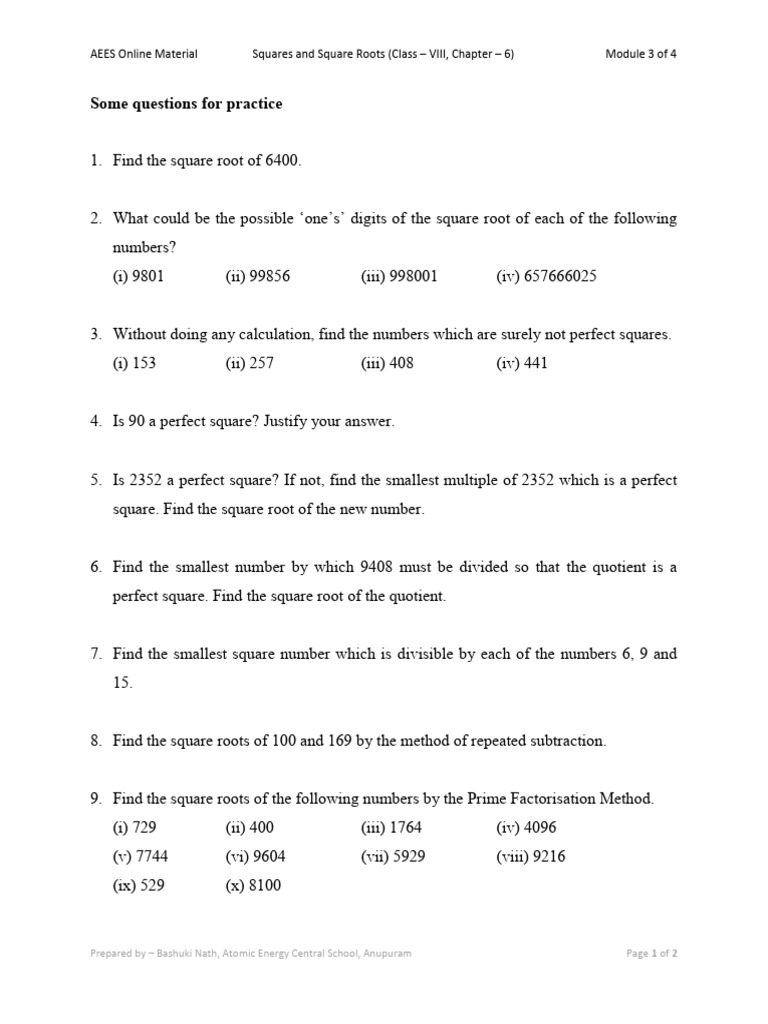 Viii Mat L06 M03 Square and Squareroot Worksheet | Download Free PDF ...