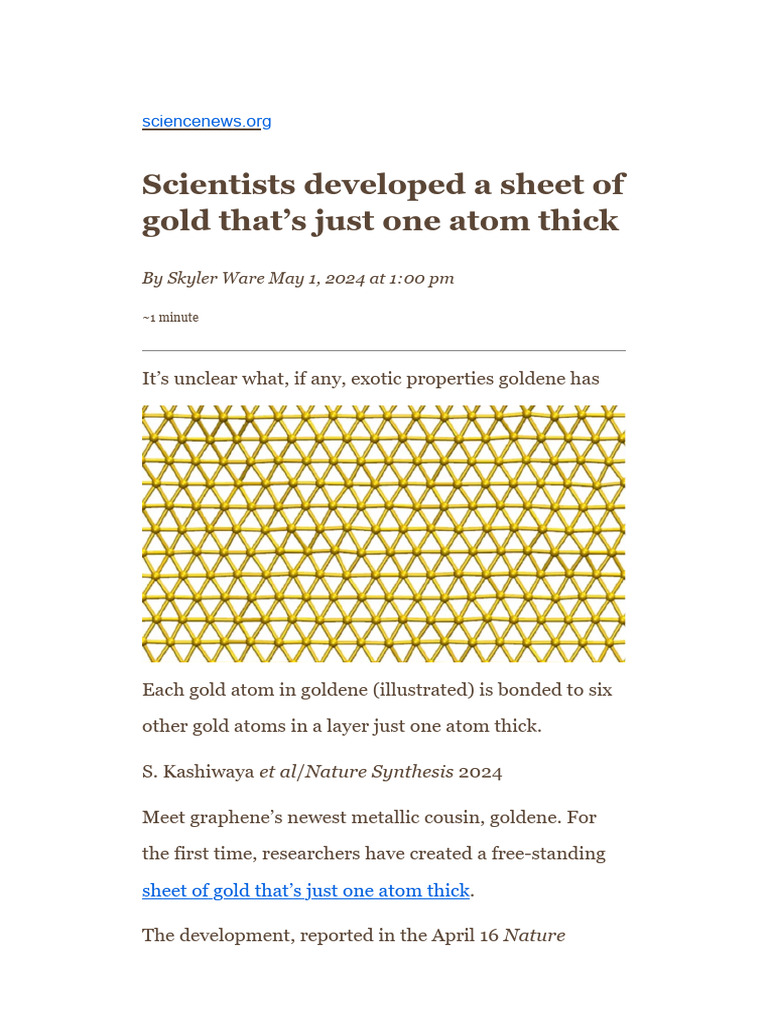 Scientists developed a sheet of gold that’s just one atom thick | PDF Scientists developed a sheet of gold that’s just one atom thick | PDF