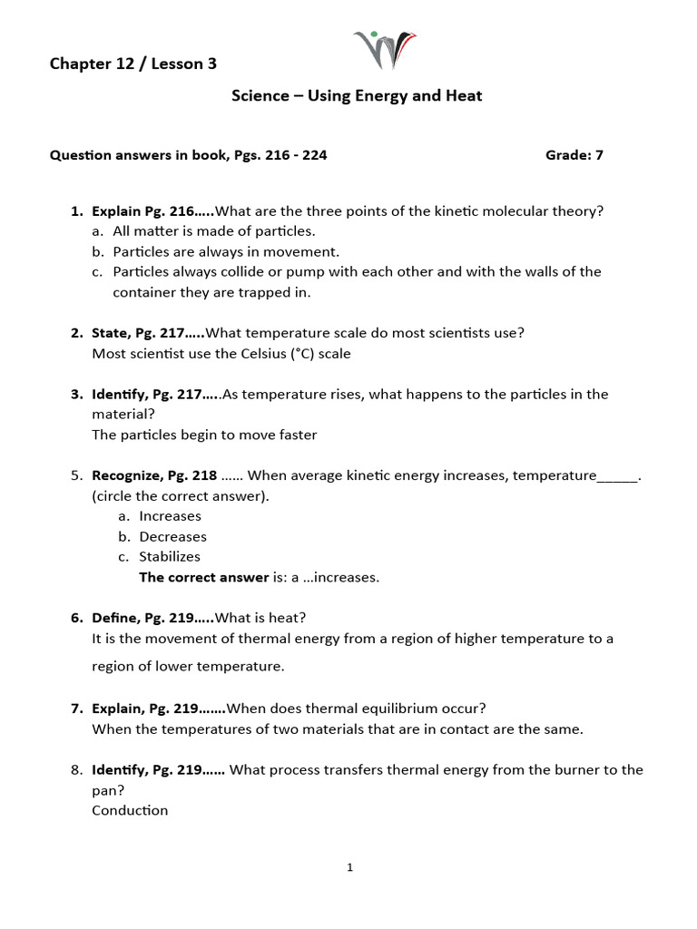 Using Energy and Heat - Book Questions Answer | PDF | Temperature | Water