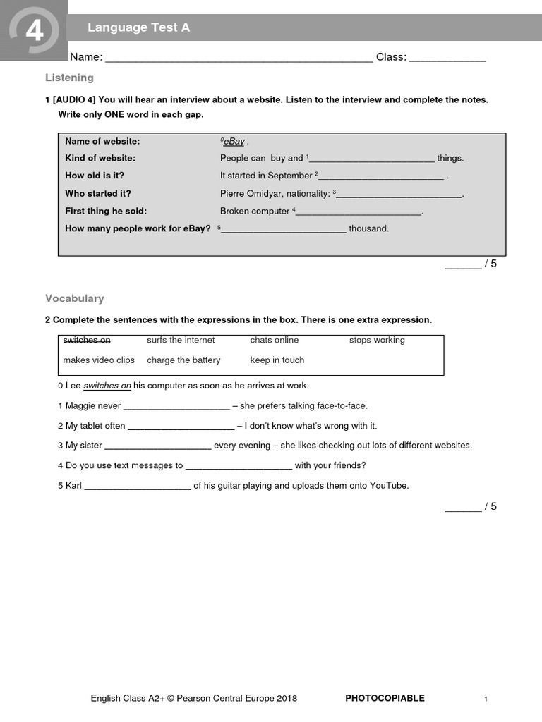 Eca2 Tests Language Test 4a 2018 Pdf Internet