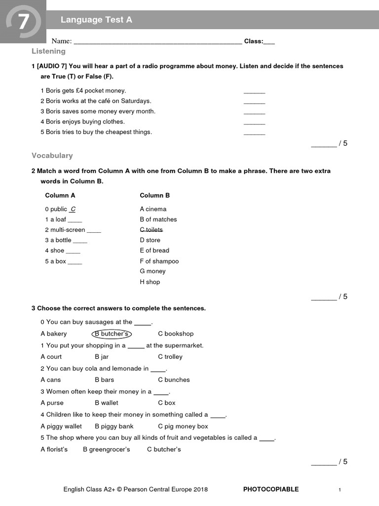 ECA2+ Tests Language Test 7A 2018 | PDF | English Language | Linguistics