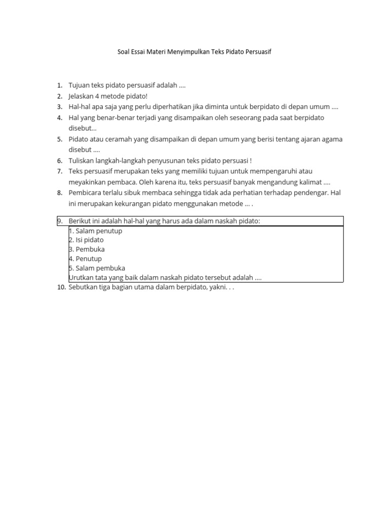 Soal Essai Materi Menyimpulkan Teks Pidato Persuasif | PDF